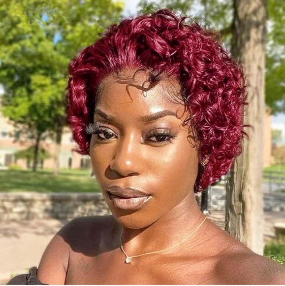 Hair | 6 Inch Burgundy Curly Pixie 131 Lace Frontal Human Hair Wig ...